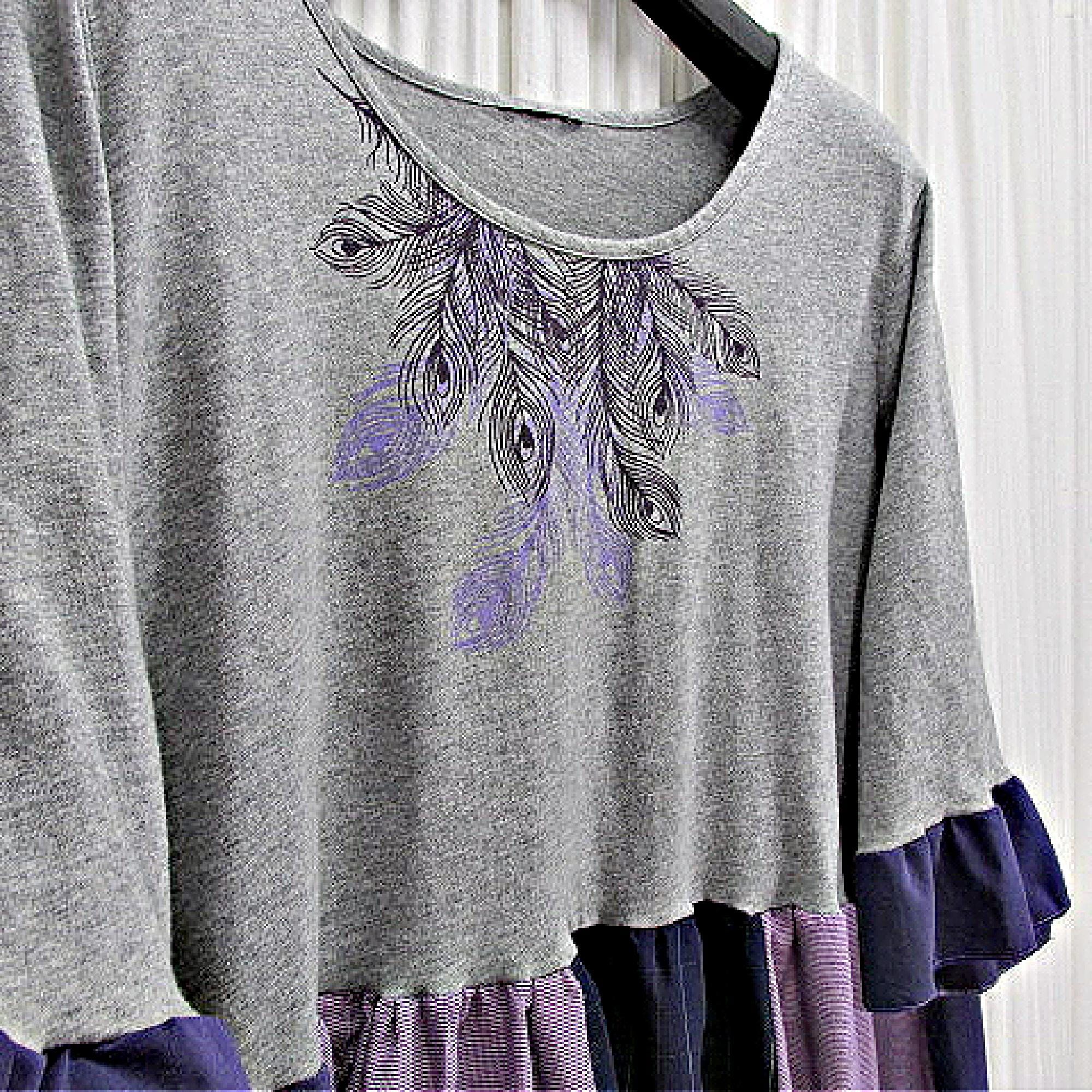 Upcycled Plus Size Tunic, 3/4 Sleeves, Grey Bodice, Peacock Feather ...