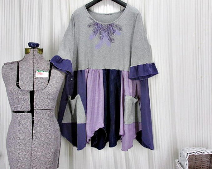 Upcycled Plus Size Tunic, 3/4 Sleeves, Grey Bodice, Peacock Feather ...
