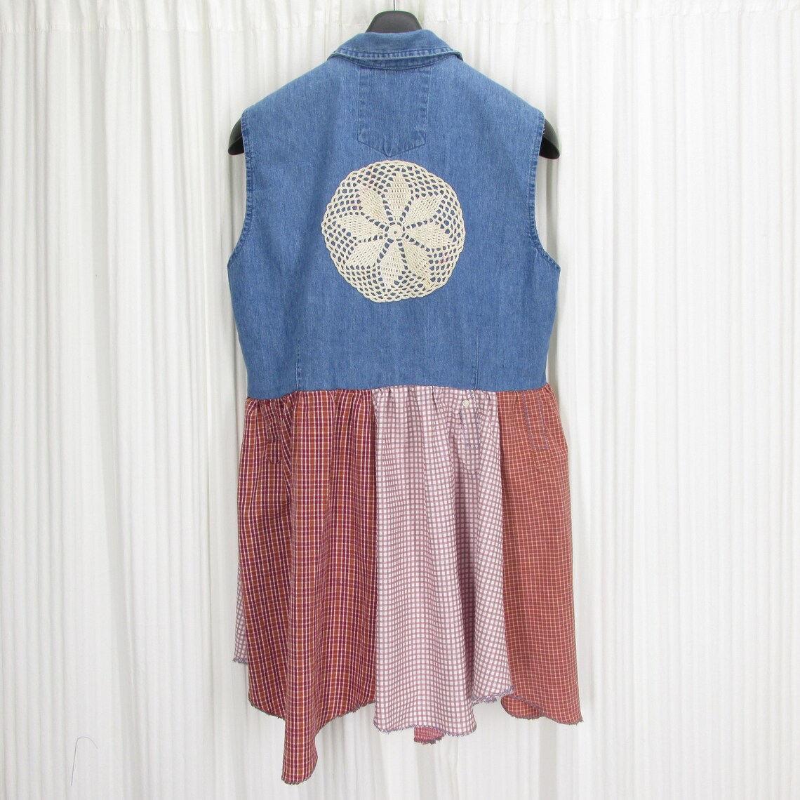 Boho Denim Vest Duster, Vest Skirt Plaid Patchwork, Metal Buttons ...