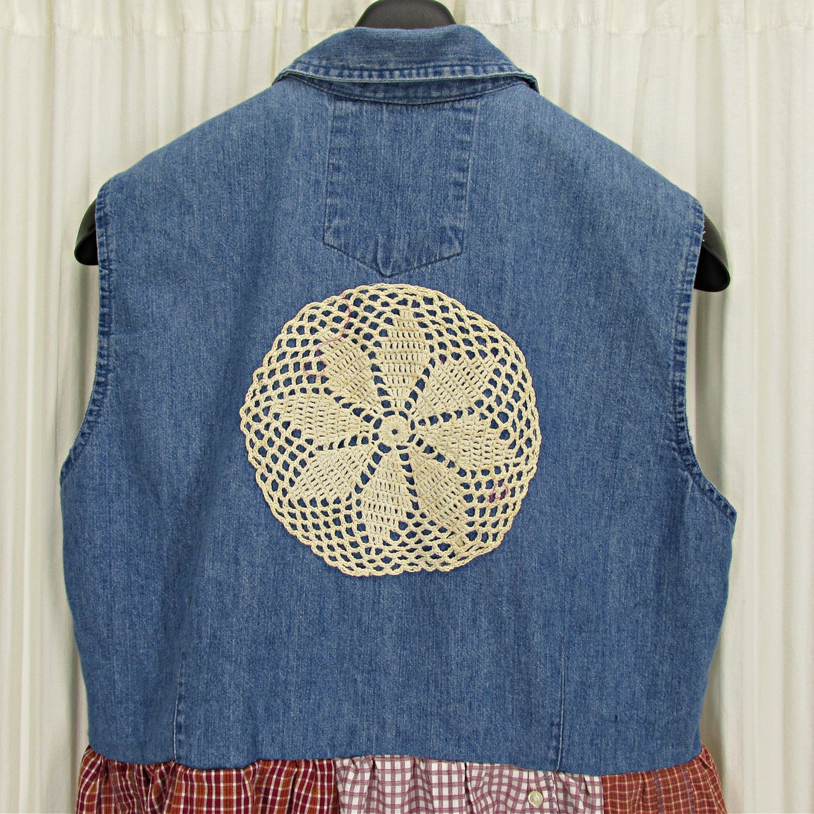 Boho Denim Vest Duster, Vest Skirt Plaid Patchwork, Metal Buttons ...