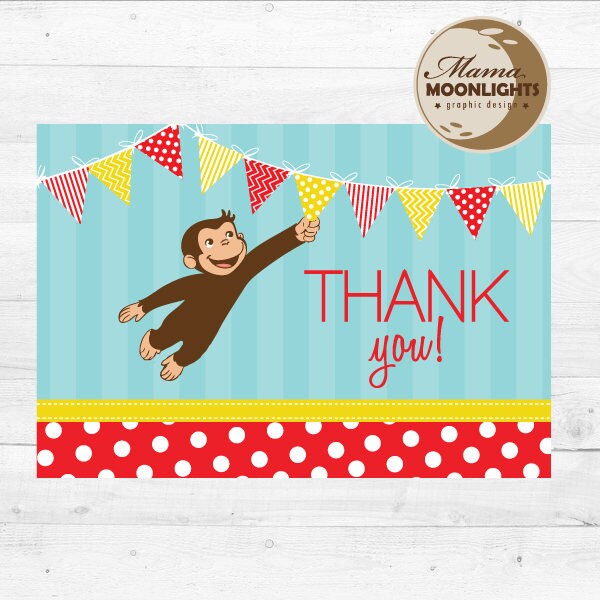 INSTANT DOWNLOAD Thank You Note Curious George Birthday Party Digital ...