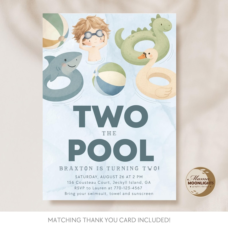 Two the Pool Party Birthday Invite, 2nd Birthday, Second Birthday, Boy ...