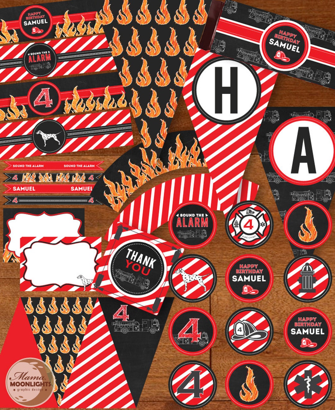 Fire Truck Birthday Party Printable Package DIY - Flames Fire ...