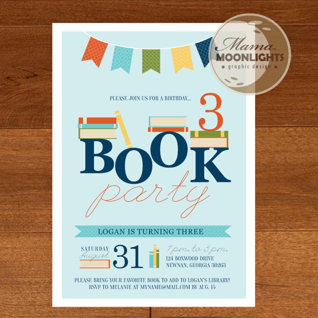 Book Birthday Party Invitation Digital Printable 5x7 Invite ( Orange ...
