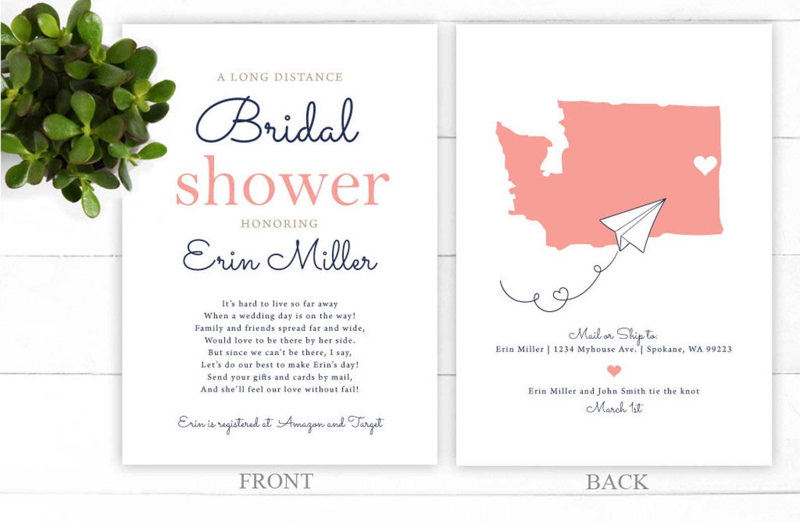 Long Distance Bridal Shower Invite - Two Sided Bridal Shower Invite ...