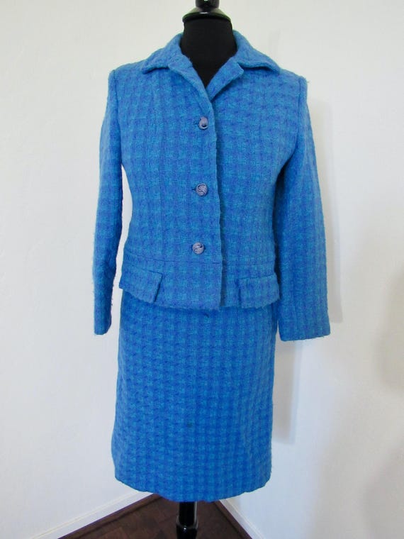 Early 1960s Career Woman Blue Wool Tweed Suit - Gem