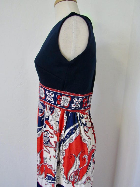 1960s Red, White & Blue Paisley Pattern Maxi Dress WOT - Gem