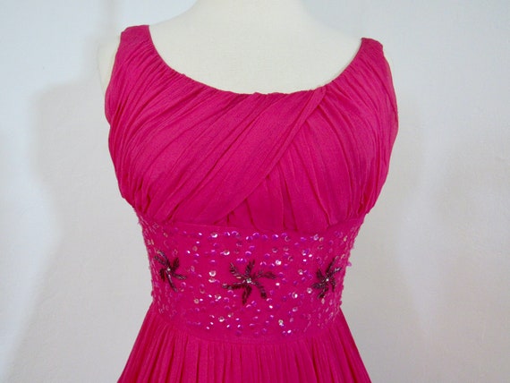 1950s Raspberry Chiffon Party Dress with Ruched Bodic… - Gem