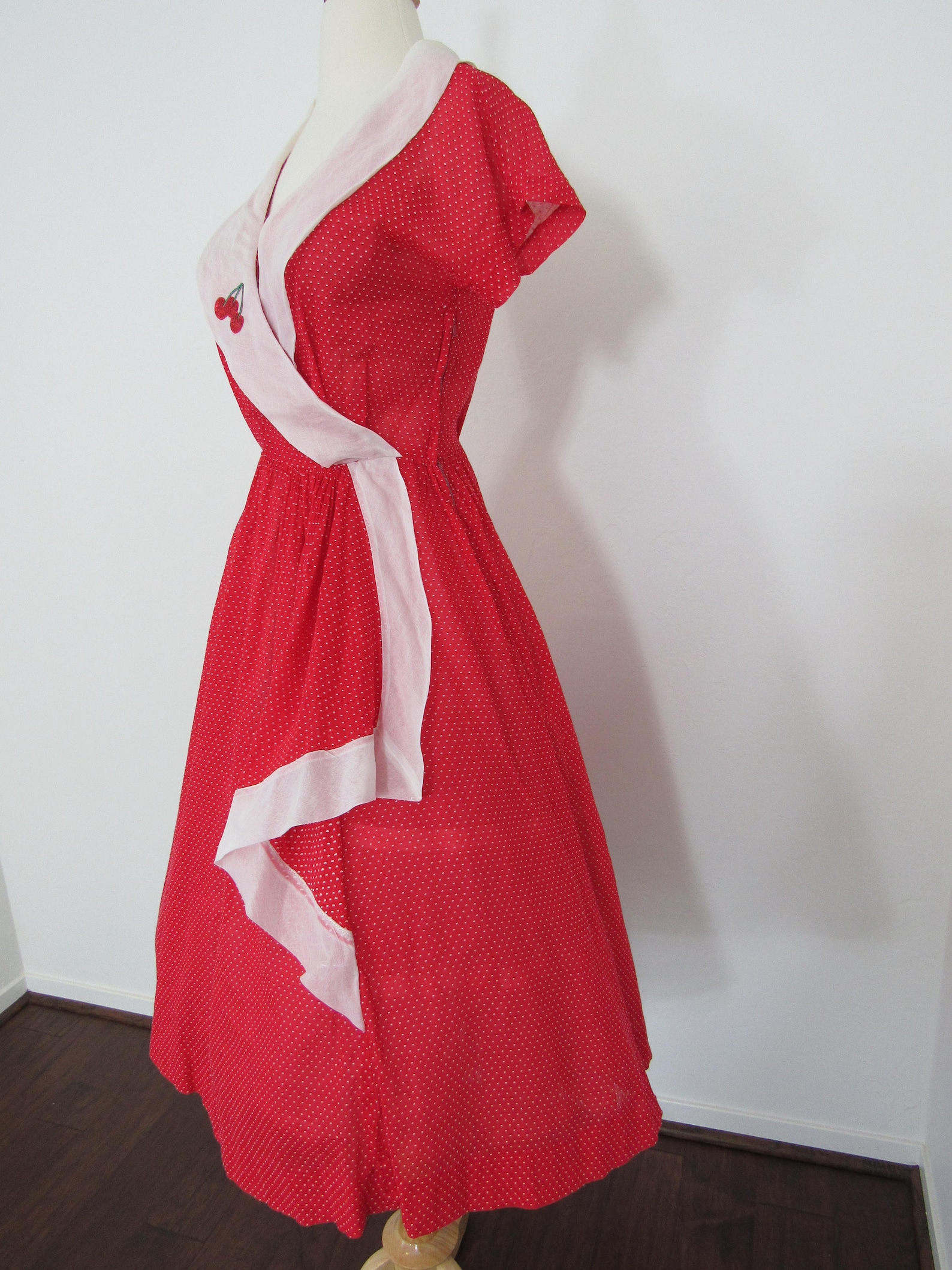 1950s Red & White Dotted Swiss Dress With Low White Organdy Neckline ...