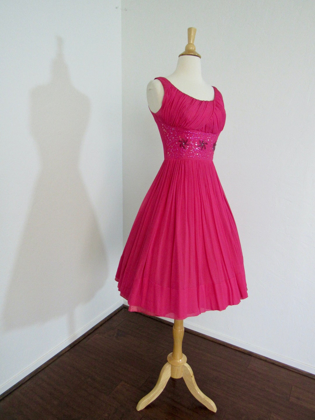 1950s Raspberry Chiffon Party Dress With Ruched Bodice and Sequined ...