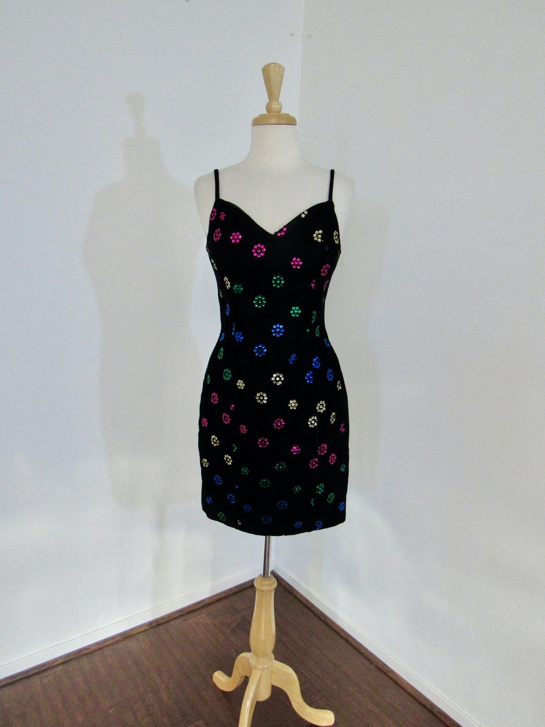 1970s - 1980s Curve-hugging, Black Velvet Dress With Spaghetti Straps ...