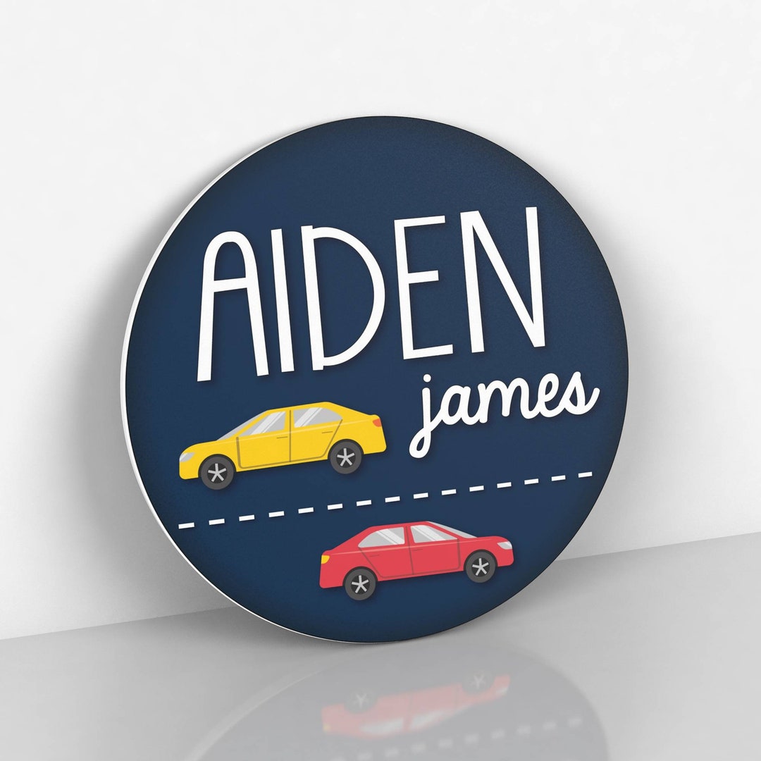 Round Name Sign Car Nursery Decor Transportation Nursery Baby Name Sign ...