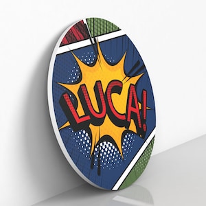 Round Superhero Comic Personalized Name Sign Gift for Kids Superhero ...