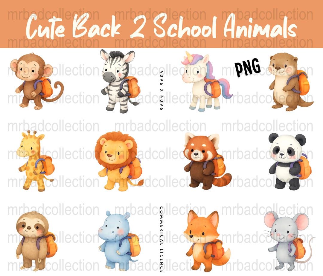 24 Cute Back to School Animals Digital Clipart, PNG, for Scrapbooking ...
