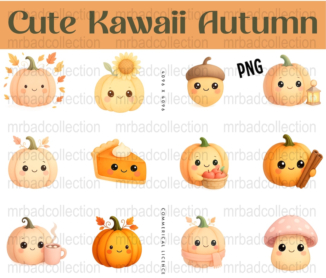 24 Cute Kawaii Autumn Digital Clip Art, Fall Pumpkin Graphics, Great ...