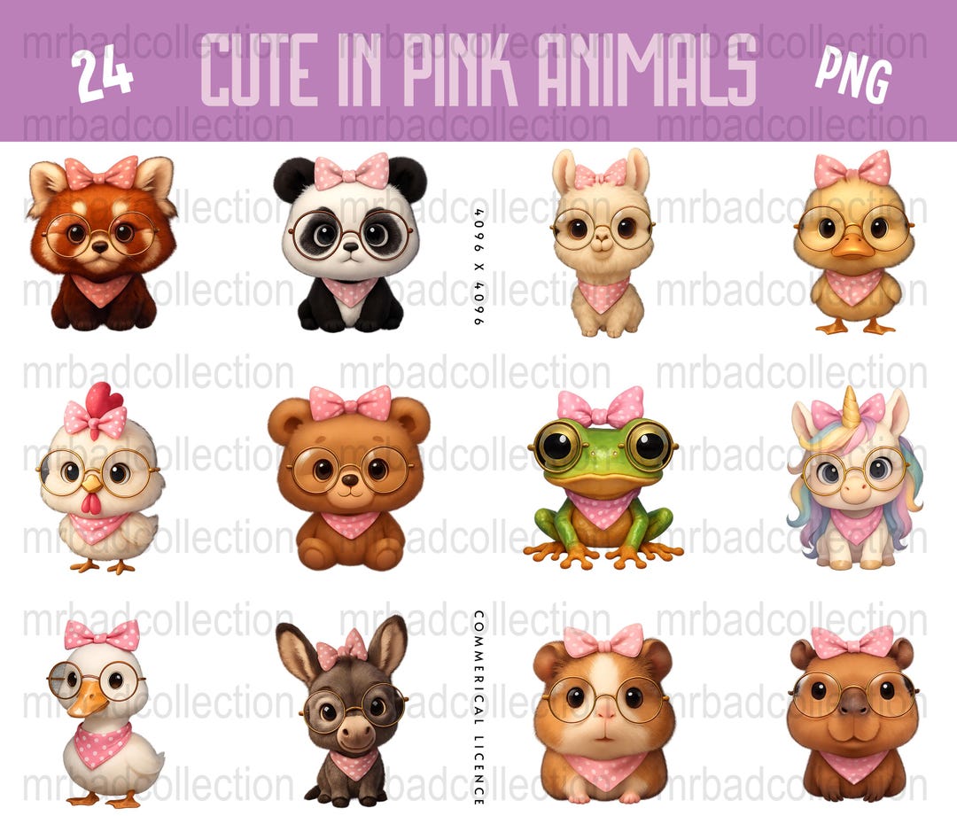24 Pink Cute Animals Digital Clipart PNG Images for Scrapbooking and ...