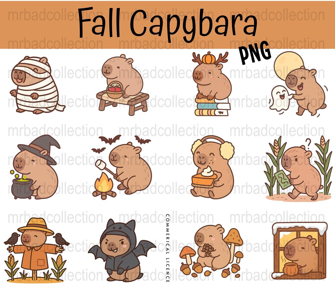 Fall Capybara Clipart, Halloween 24 PNG Bundle, Autumn Digital Stickers ...