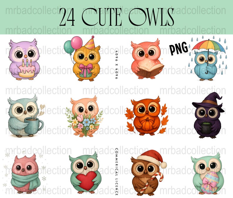 24 Cute Owls Digital Clipart, PNG Images for Scrapbooking and ...