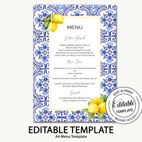 LEMON Menu Template Blue Lemon Bridal Shower Menu Lemon Baby - Etsy