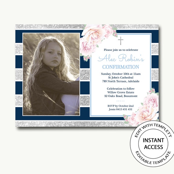 Blue and Silver Confirmation Invitation - Etsy