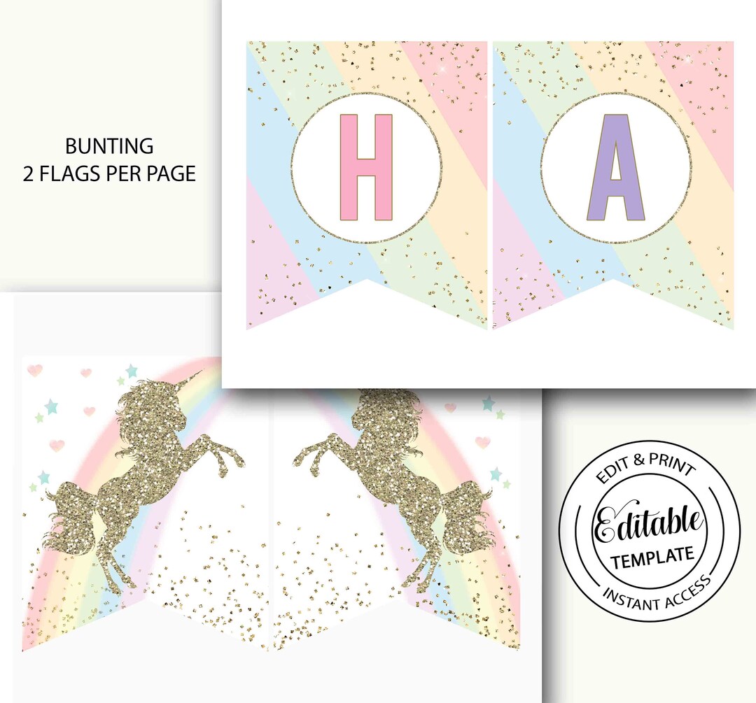 Unicorn Bunting Editable Template/pastel Banner/birthday Flags/i Am One ...