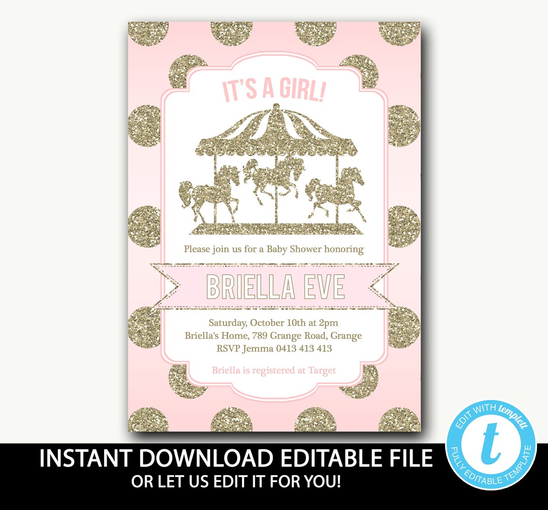 Carousel Baby Shower Invitation/baby Shower Instant Download/pink and ...