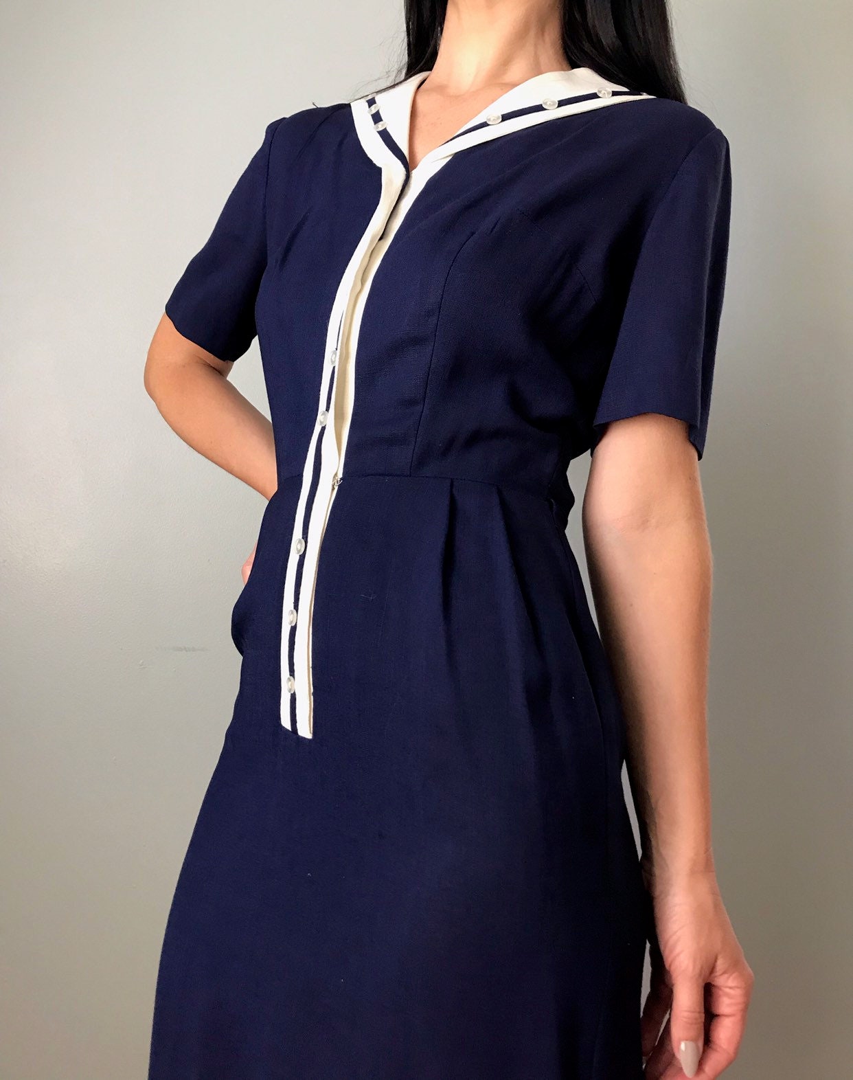Vintage 50s Sailor Dress LAMPL Pinup Wiggle Dress Navy and White ...
