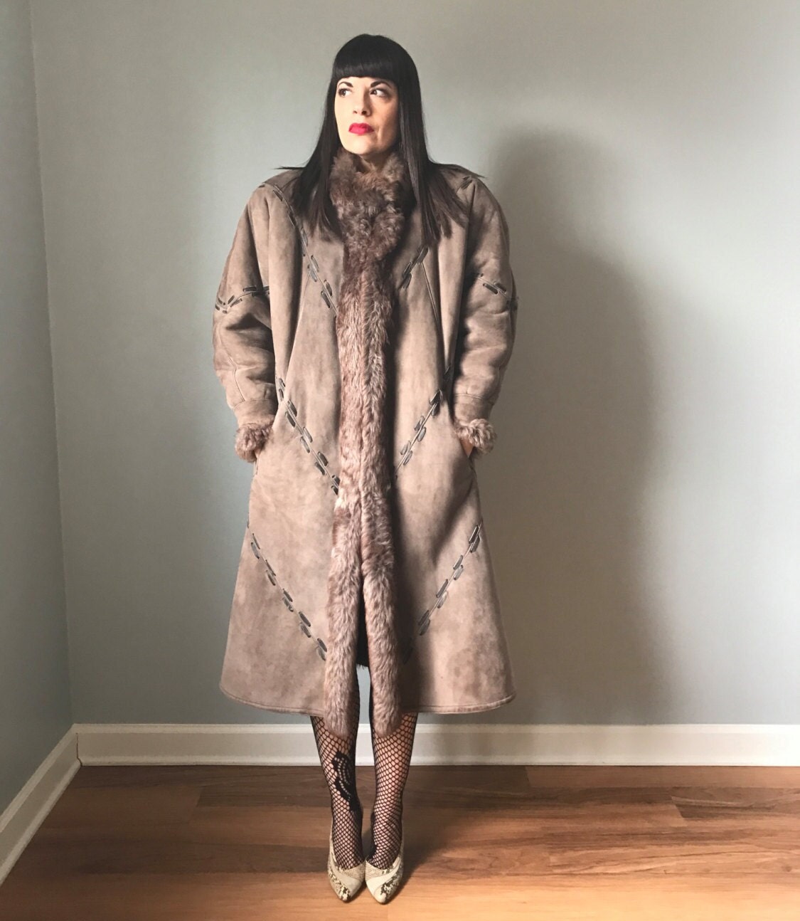 80s Fur Coat| Genuine SHEARLING FUR | LAMBSKIN Leather Suede Long Maxi ...