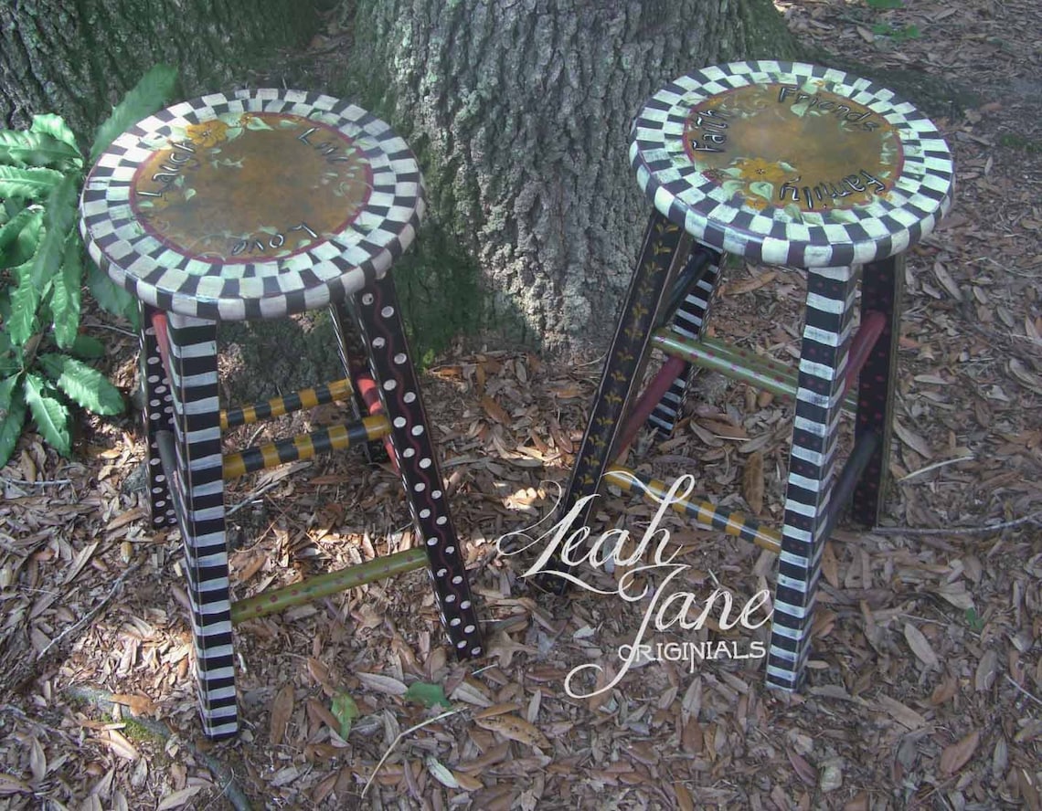 Whimsical Hand Painted Wood Bar Stool CUSTOM - Etsy