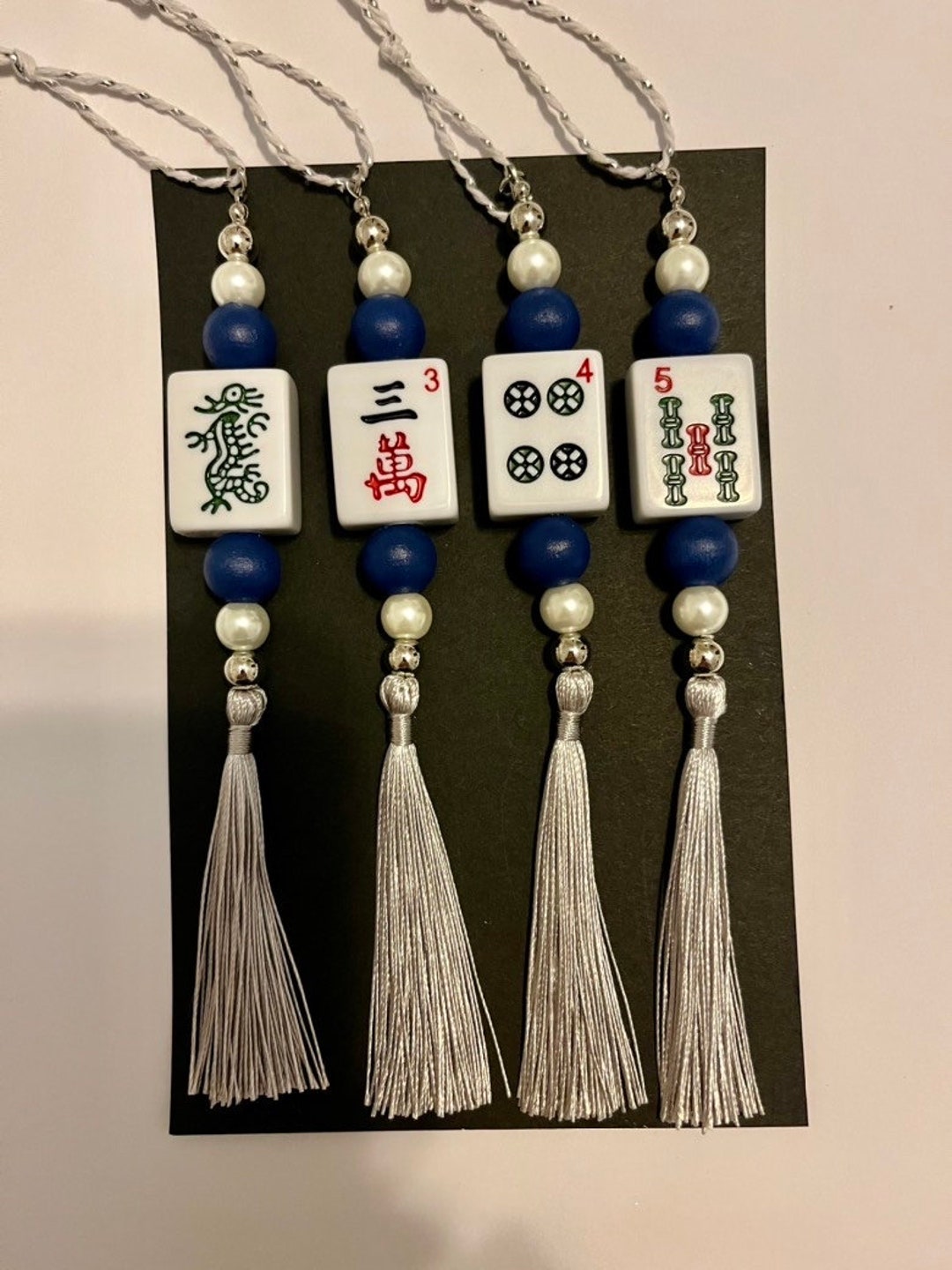 Mahjong Unique Set of 4 Handmade Holiday Ornaments Mixed Beads With ...