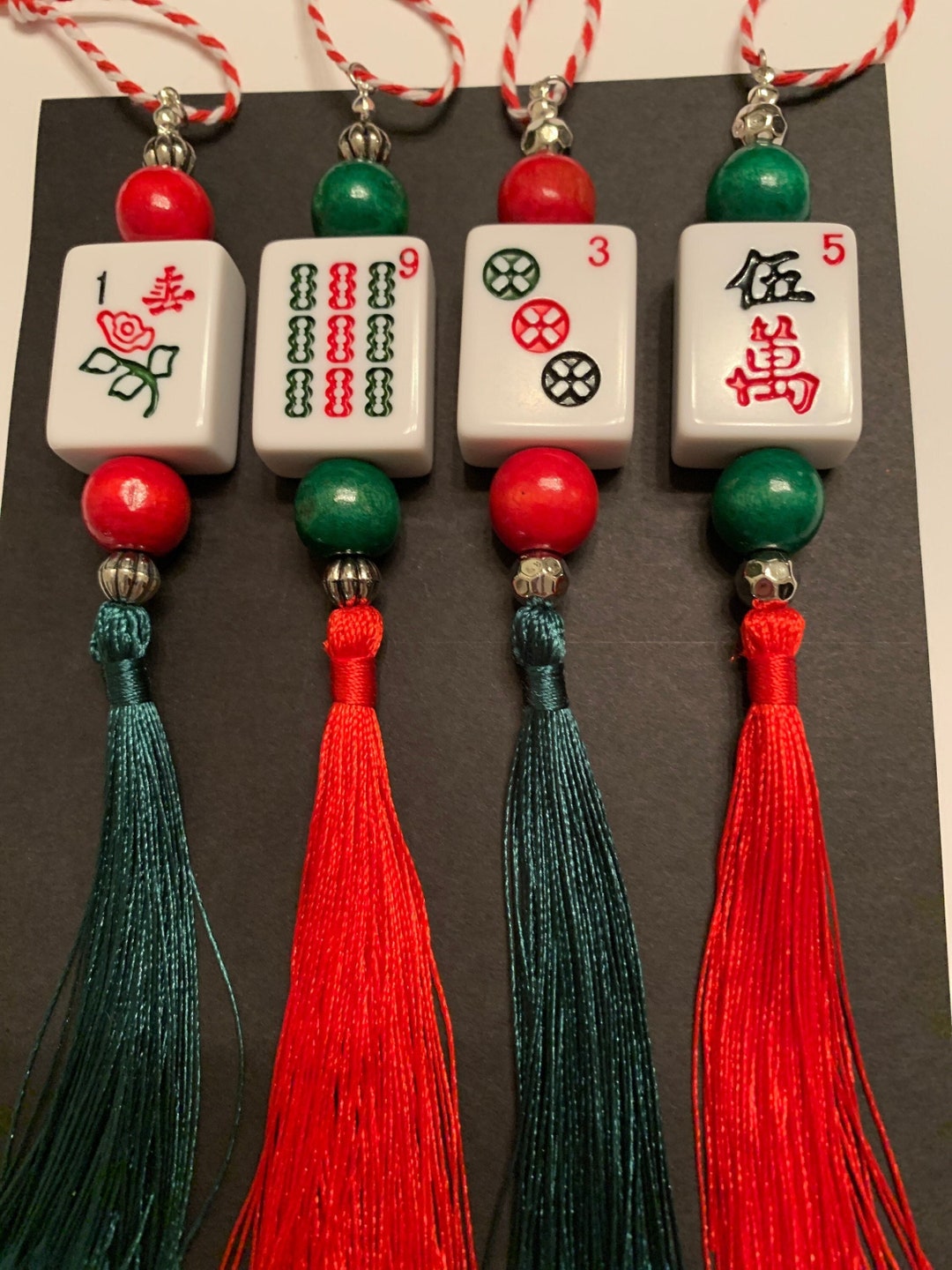 Mahjong Unique Set of 4 Handmade Christmas Ornaments Mixed Beads With ...