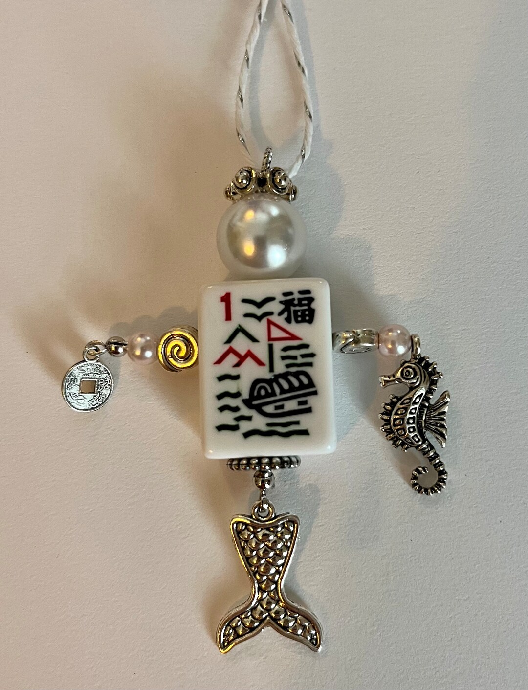 Mahjong Mermaid Ornament: Handmade Beaded Bag Charm With Tibetan Silver ...
