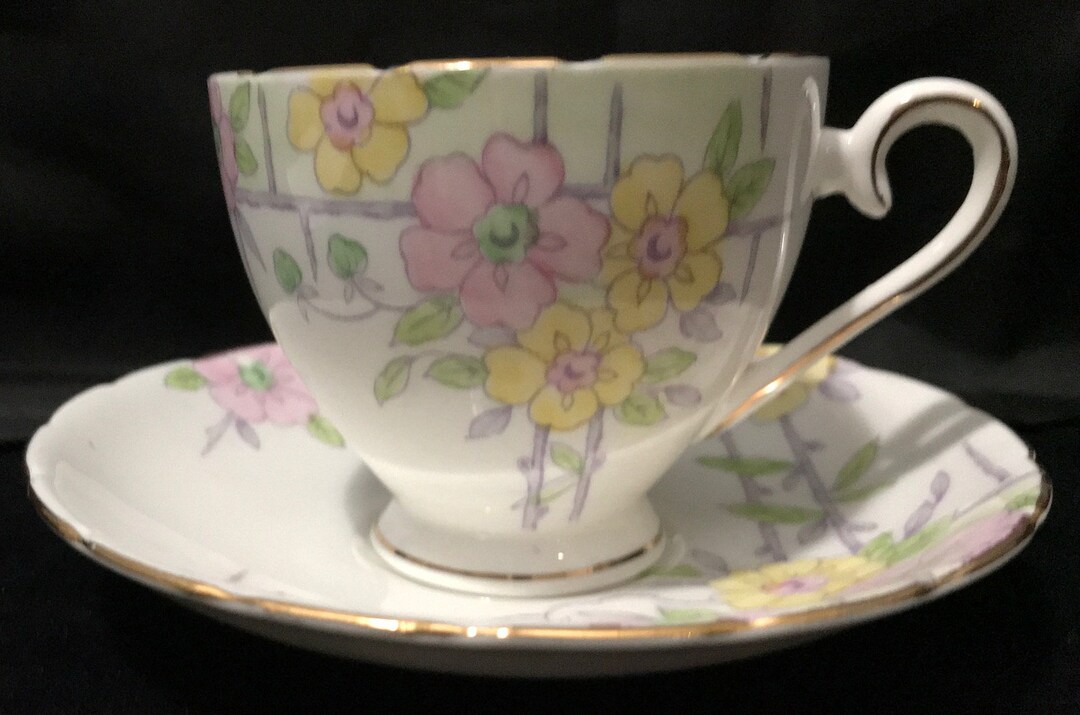 Vintage Best Bone China Cup and Saucer, Pink Yellow Floral Trellis ...