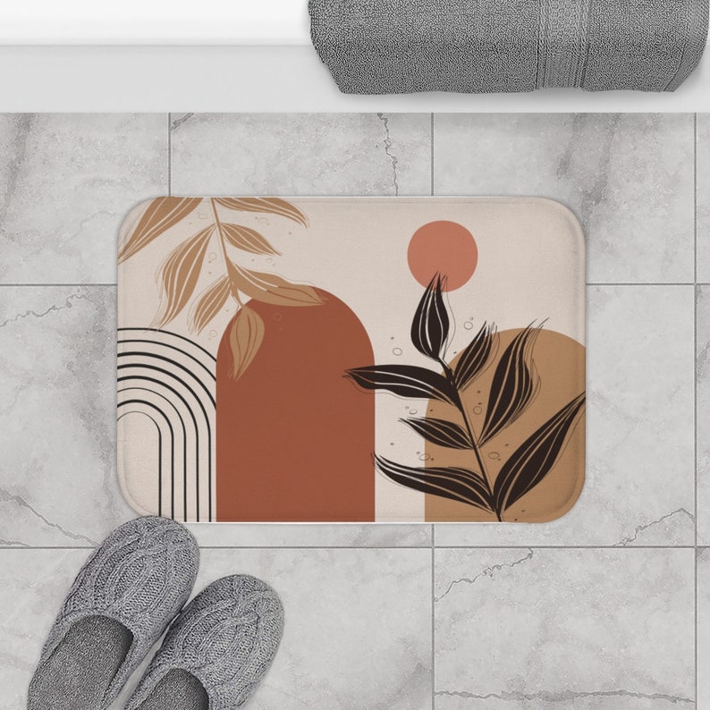 Abstract Bath Mat, Bohemian Brown Bath Rug, Modern Kitchen Mat, Boho ...