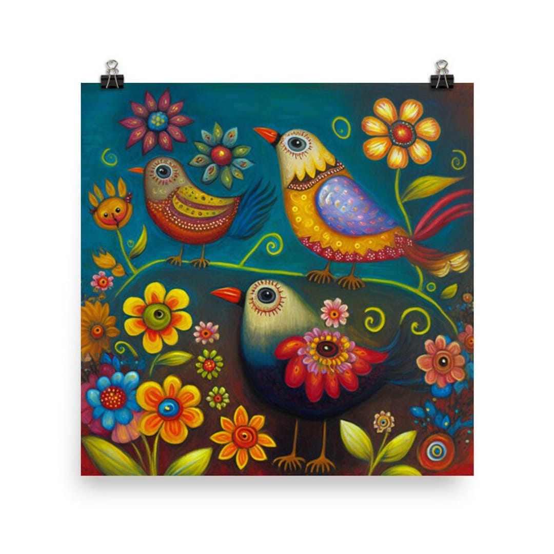 Birds Wall Art, Fauna and Flora Folk Art Thick Poster, Oil Painting ...