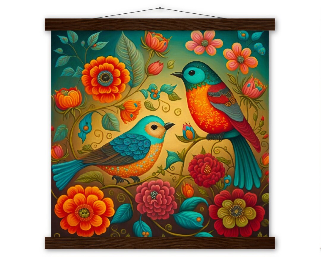 Poster & Hanger: Colorful Bohemian Birds and Flowers Folk Art Oil ...