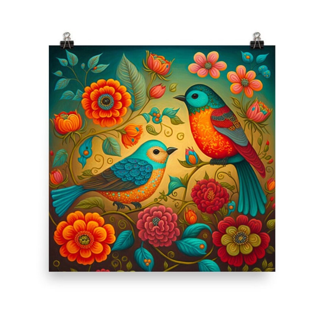 Square Birds Poster, UNFRAMED Thick Paper Giclee Folk Art Print ...