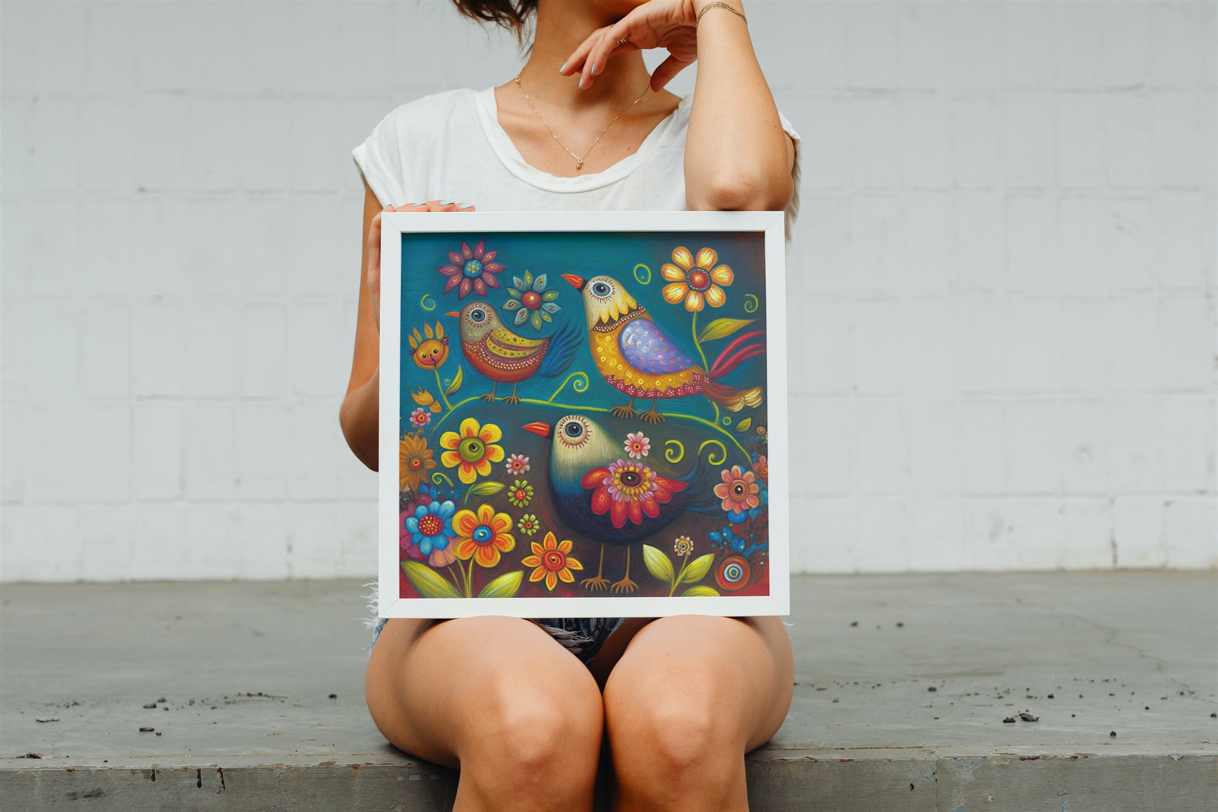 Birds Wall Art, Fauna and Flora Folk Art Thick Poster, Oil Painting ...