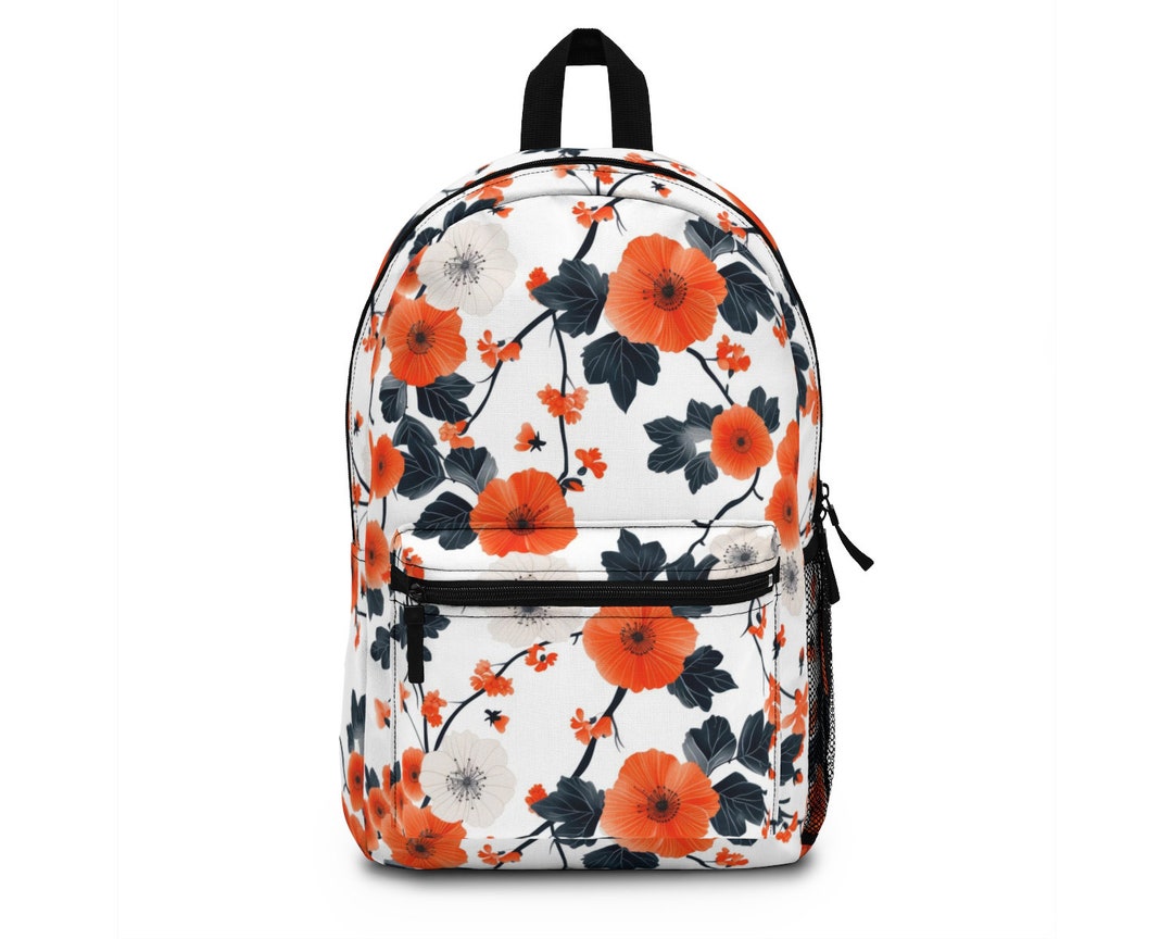 Floral Backpack, Black White & Red Flowers Kimono Print Inspired ...