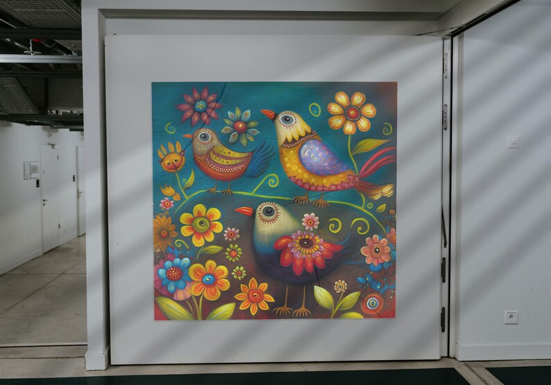 Birds Wall Art, Fauna and Flora Folk Art Thick Poster, Oil Painting ...