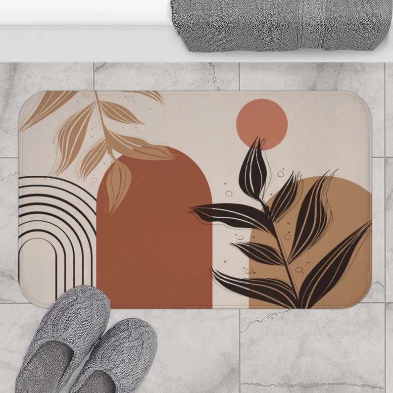 Abstract Bath Mat, Bohemian Brown Bath Rug, Modern Kitchen Mat, Boho ...