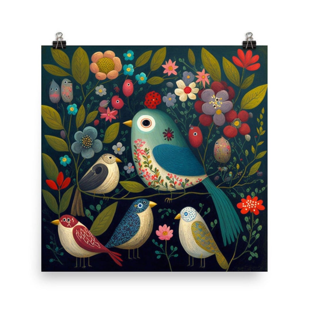 Birds Folk Art Cute Botanical Wall Art, Scandinavian UNFRAMED Poster ...