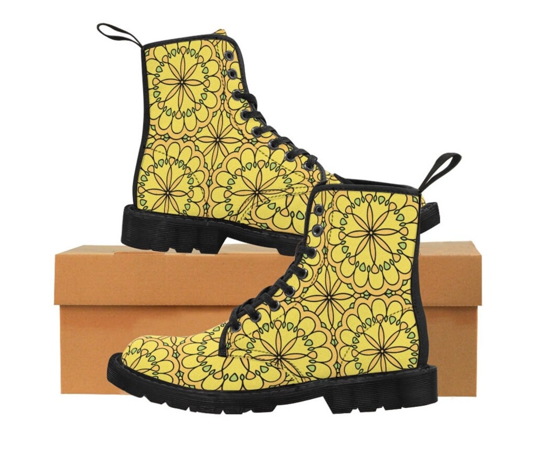 Mandala Boots for Women, Oriental Design Shoes, Yellow Geometric Tiles ...