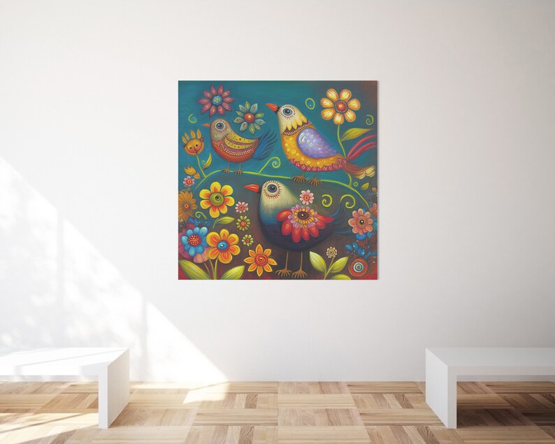 Birds Wall Art, Fauna and Flora Folk Art Thick Poster, Oil Painting ...