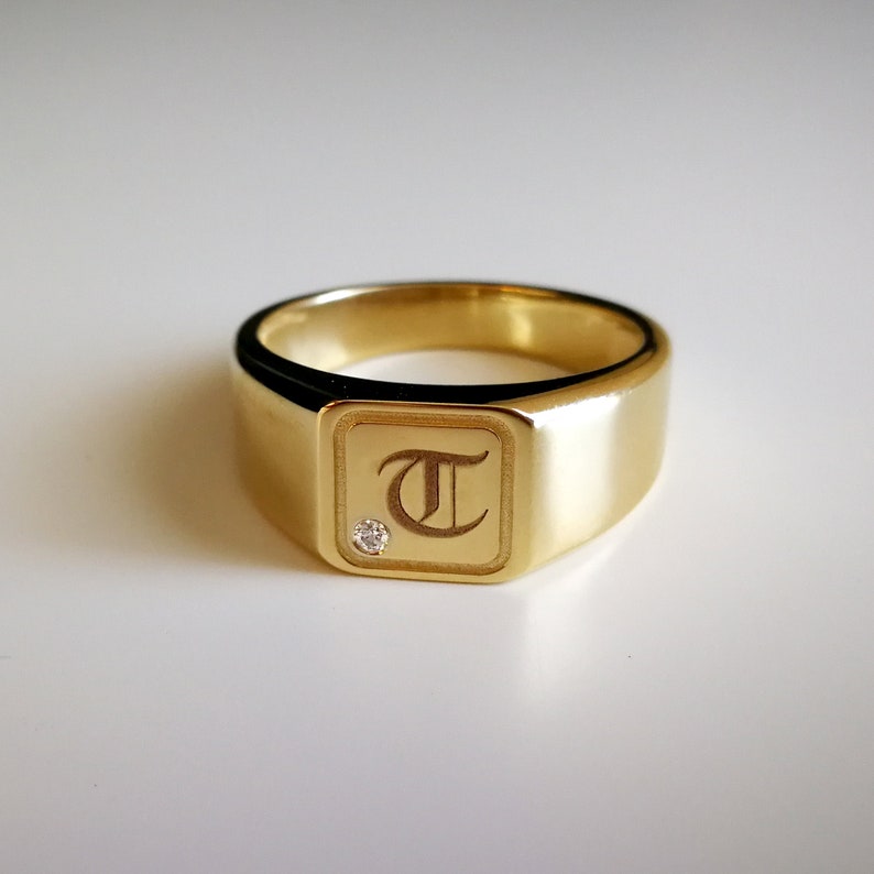 14k Solid Gold Signet Ring, Personalized Engraved Monogram Men's Ring ...