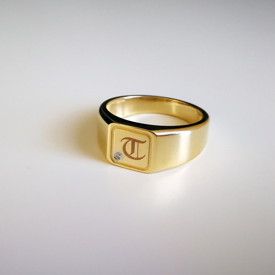14k Solid Gold Signet Ring, Personalized Engraved Monogram Men's Ring ...