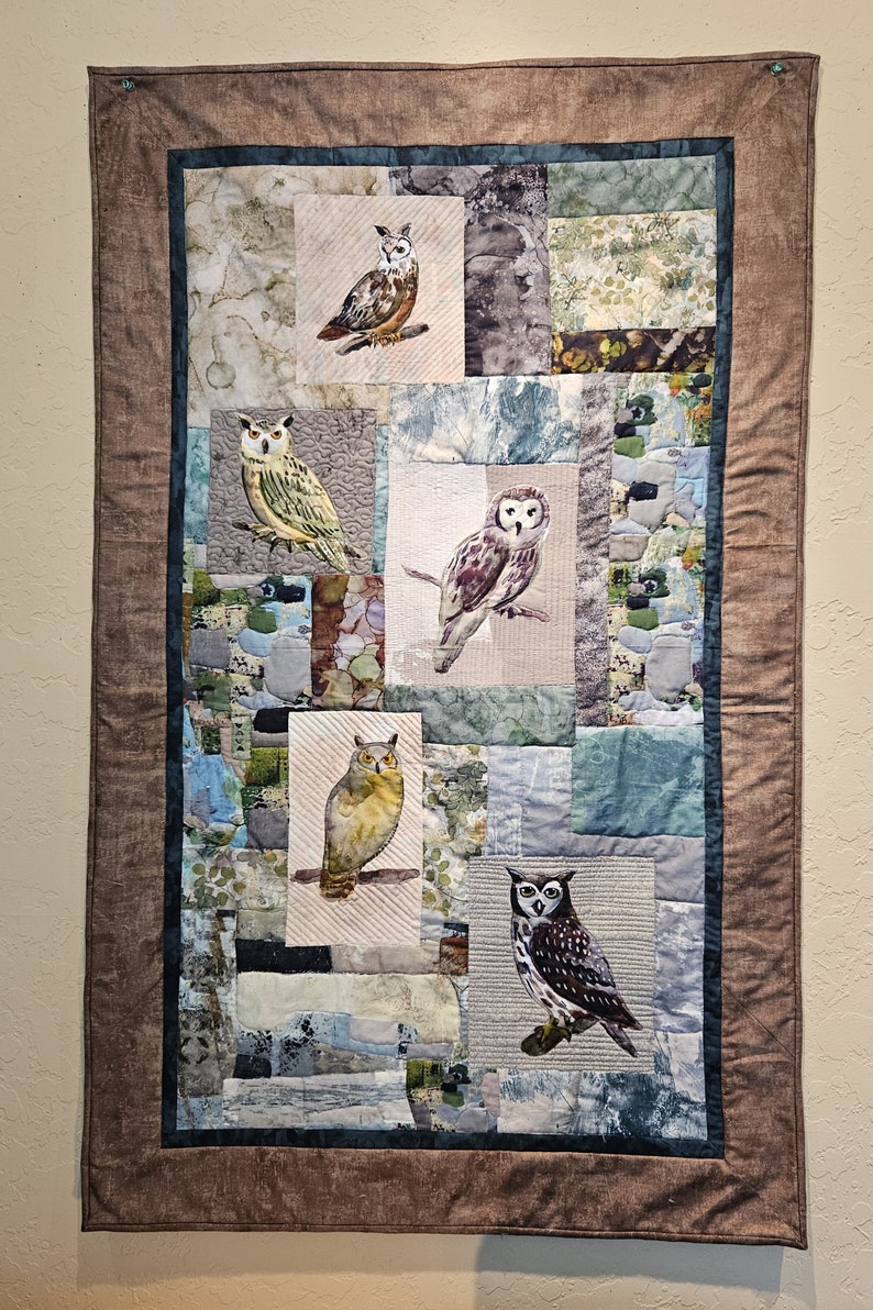 Quilted Owls Wall Hanging, Nature Fabric Art of 5 Large Owls on a Rich ...