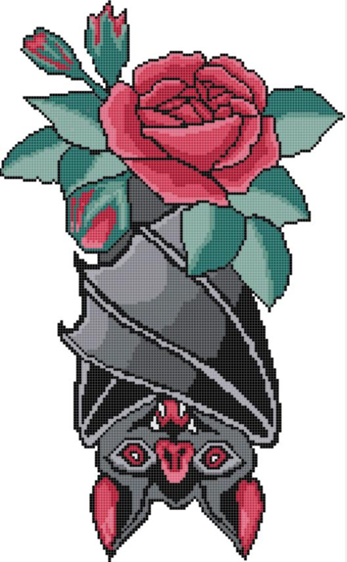 Traditional Americana Tattoo Style Bat With Roses - Cross Stitch ...