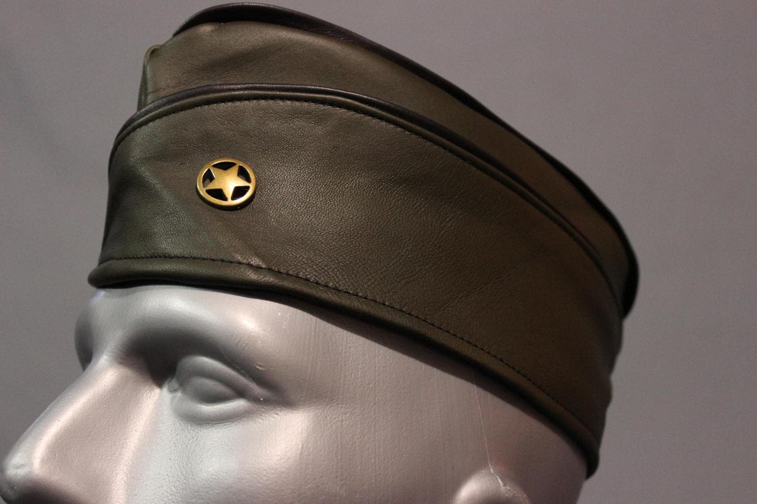 Military Olive Green Leather Garrison Cap With Brass Star | Etsy