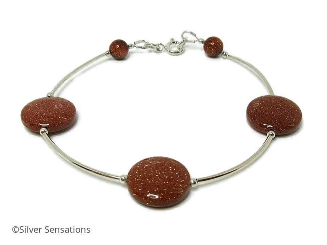 Handmade Sterling Silver Sandstone Bracelet: Sparkly Brown Coin Beads ...